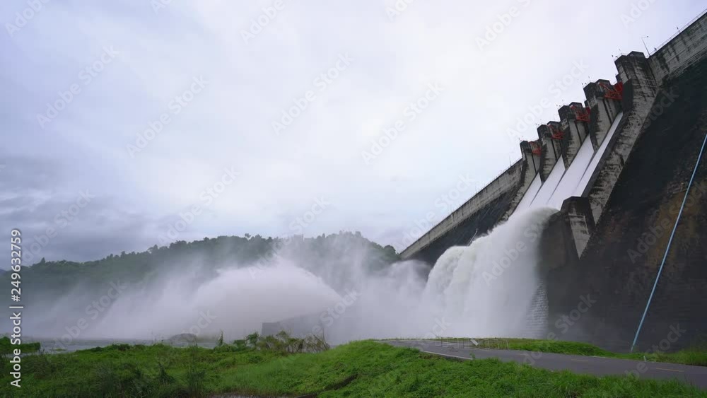 Dam With Floodgate Dam With Water Overflow Spillway On The Khun Dan Prakan Chon Dam In