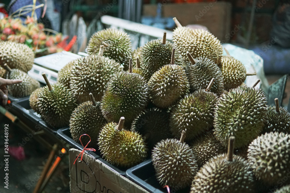 Durian - an exotic fruit with a very unpleasant and sharp smell is sold ...
