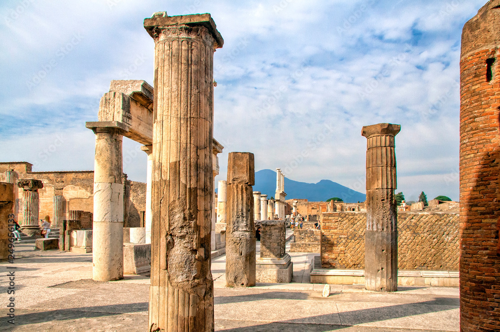 Stone columns in Forum in the archaeological excavations of Roman Pompeii near Naples, Campania ...