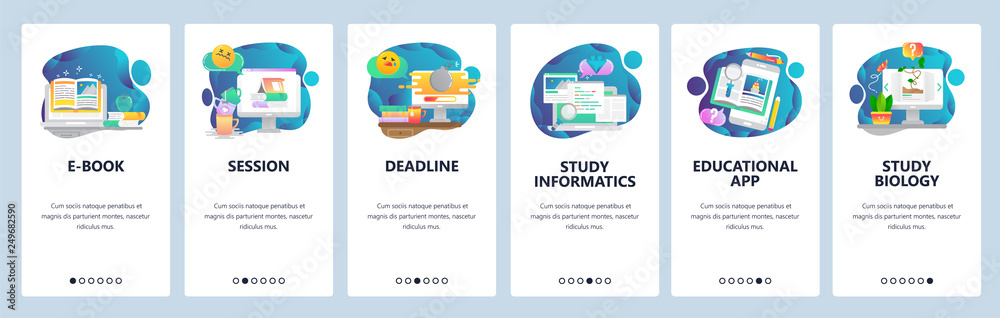 Web site onboarding screens. School education and e-learning. Menu ...