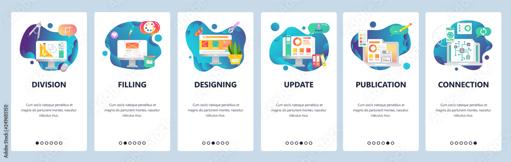 Web site onboarding screens. Art, design and drawing tools. Chart ...