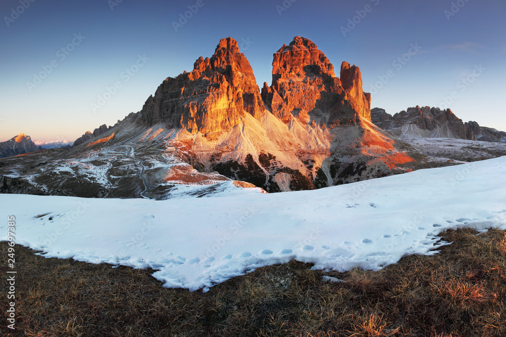 Gorgeous sunny view of Dolomite Alps with first snow. National Nature ...