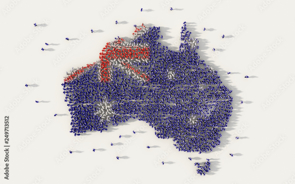 Large group of people forming Australia map and national flag in social ...