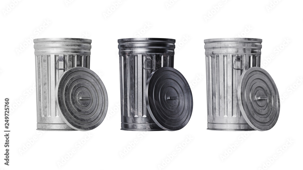 Trash can bin metal, isolated white background, front view. 3D ...