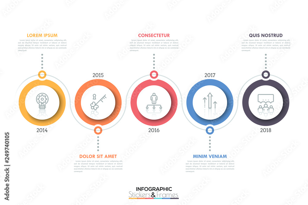 Horizontal timeline with 5 circular elements, thin line icons inside ...