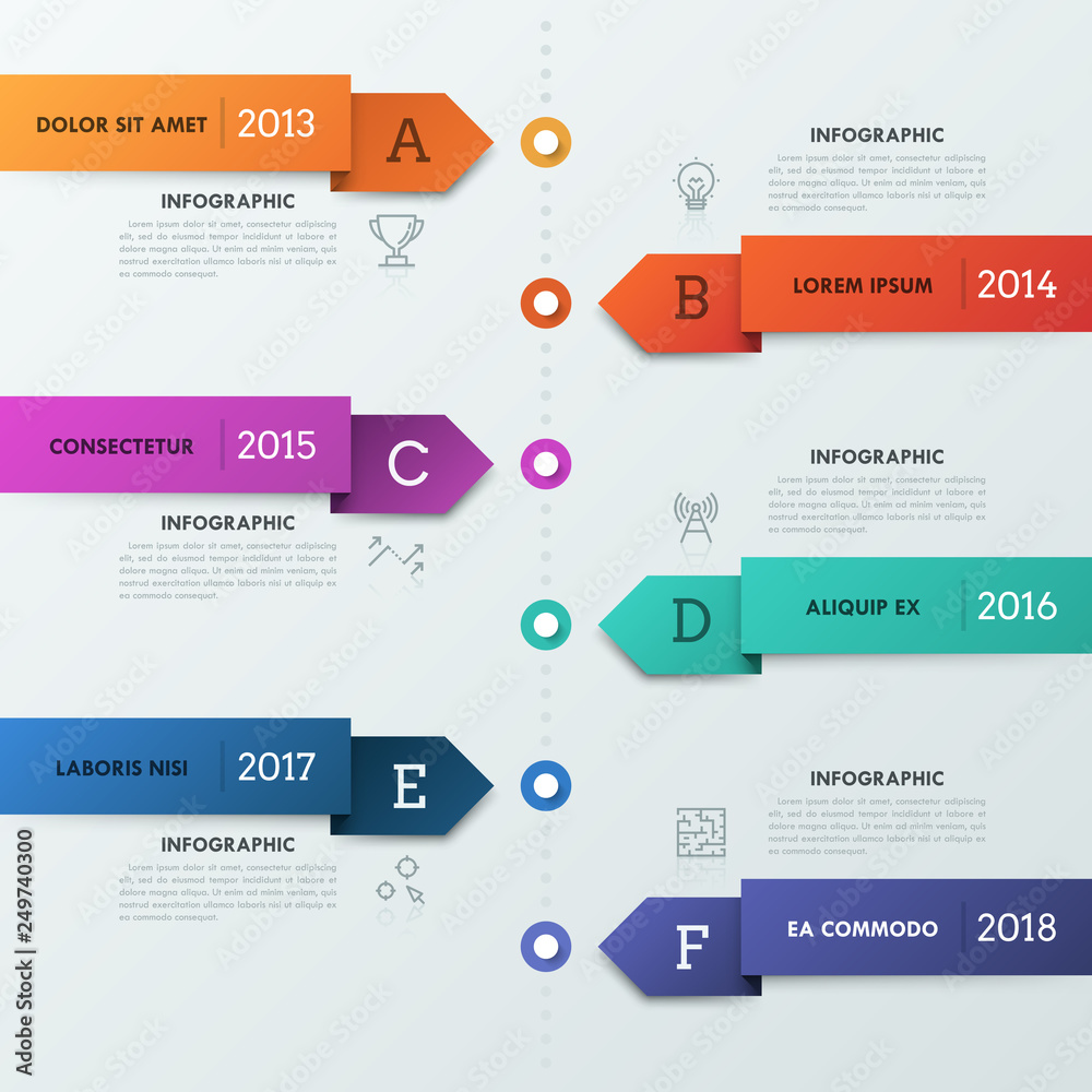 Vertical timeline with 6 arrow-shaped stripes, thin line icons, letters ...