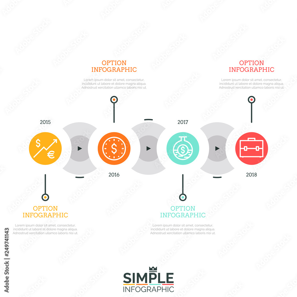 Horizontal timeline consisted of 4 round elements with year indication ...