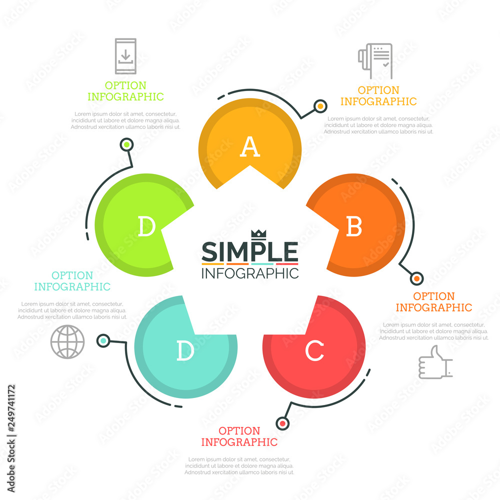 Circular diagram with 5 round elements marked with letters, pentagon in ...