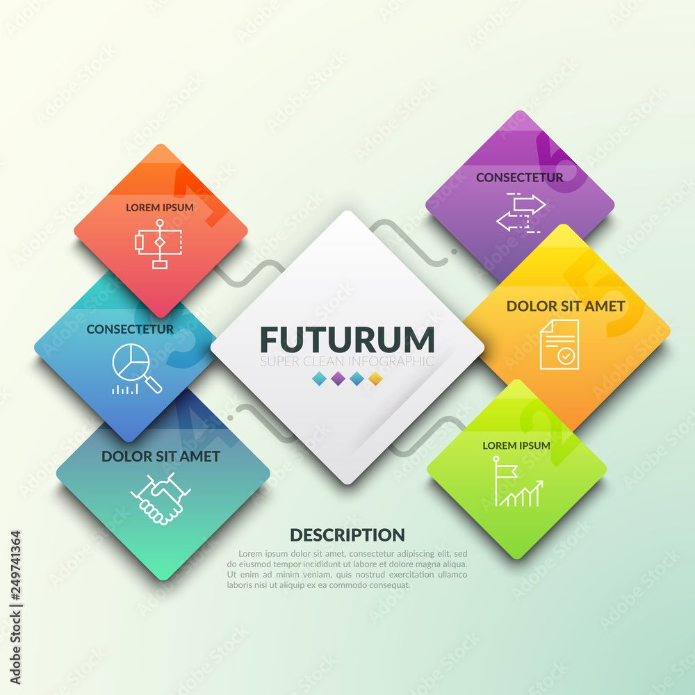 Six numbered square elements of different color and size placed around ...