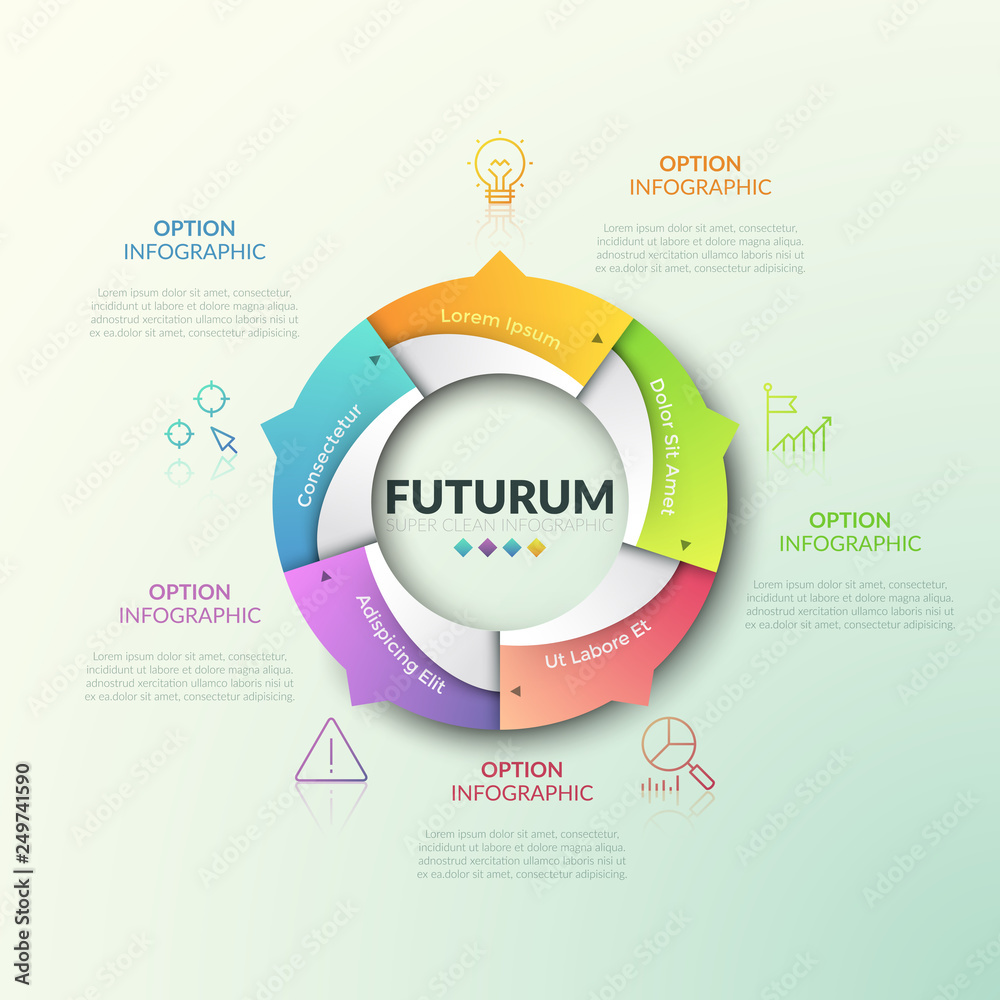 Circular diagram divided into 5 multicolored overlapping sectors with ...