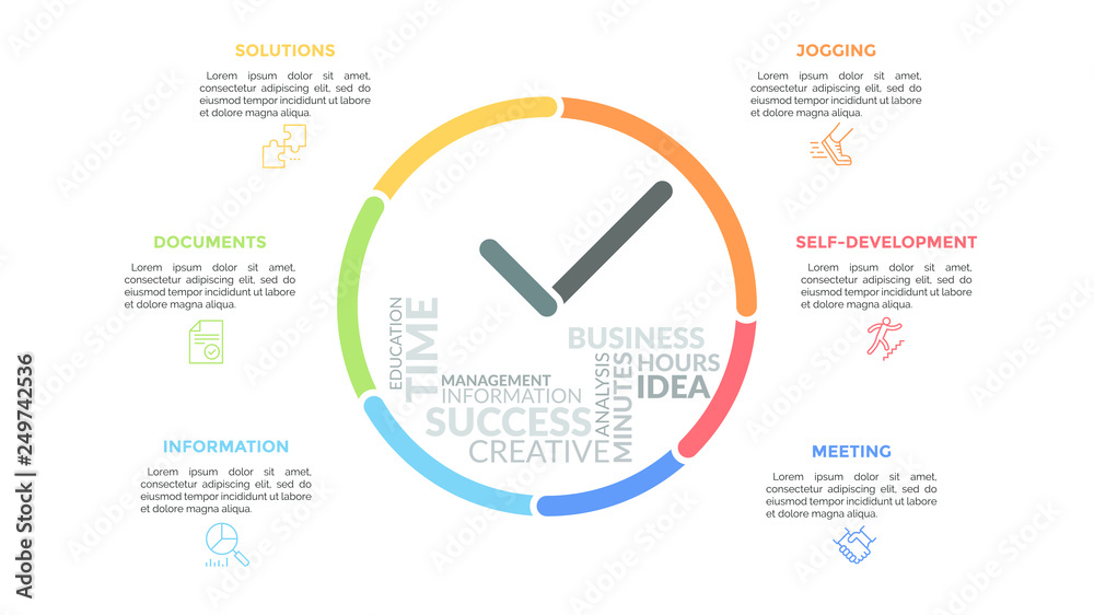 Colorful lines forming clock with hands and word cloud inside it ...