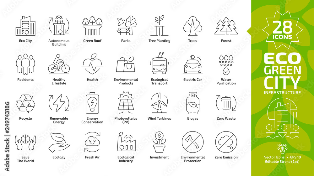 Eco green city editable stroke line icon set with environment ecology ...
