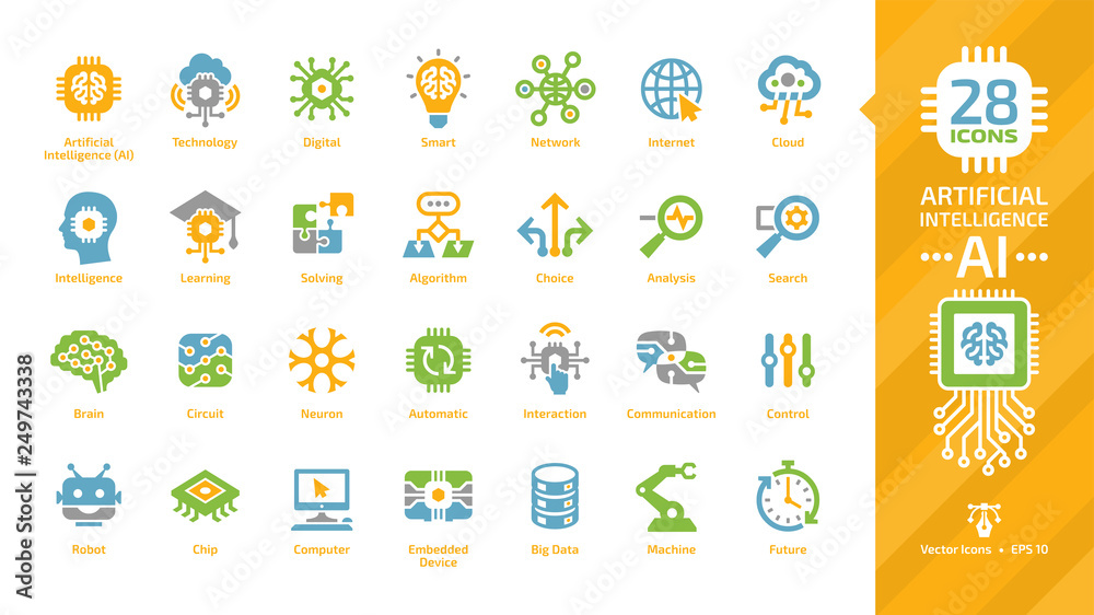 Vector artificial intelligence color icon set with machine learning ...