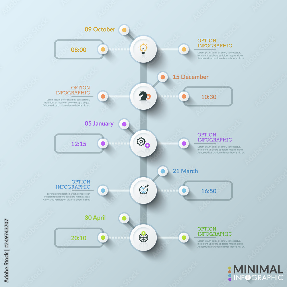 Vertical timeline with 5 white round elements, time and date indication ...