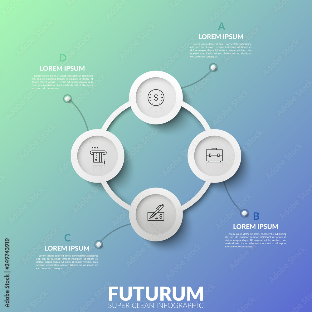 Round chart with 4 white circular connected elements, thin line symbols ...
