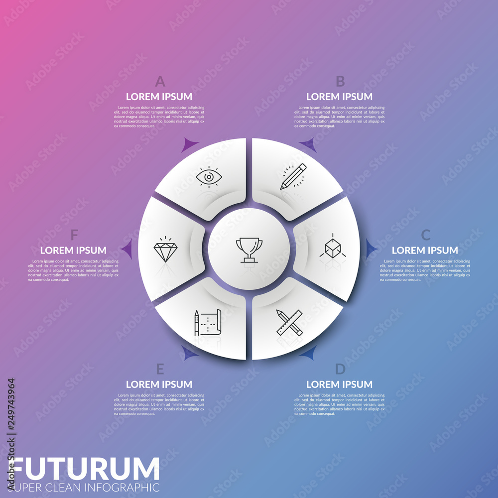 Pie chart divided into 6 parts and round element in center with thin ...