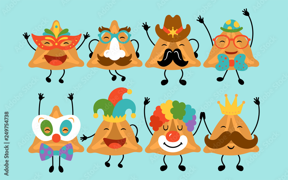 Purim holiday cute hamantaschen cookies funny cartoon characters set ...