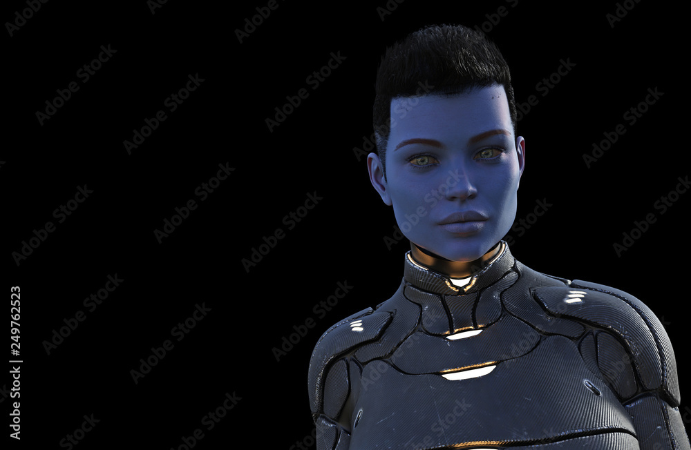 Illustration of a blue skin with short hair alien wearing a spacesuit ...