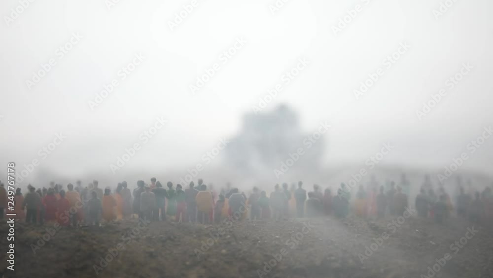 Captured by enemy concept. Military silhouettes and crowd on war fog ...