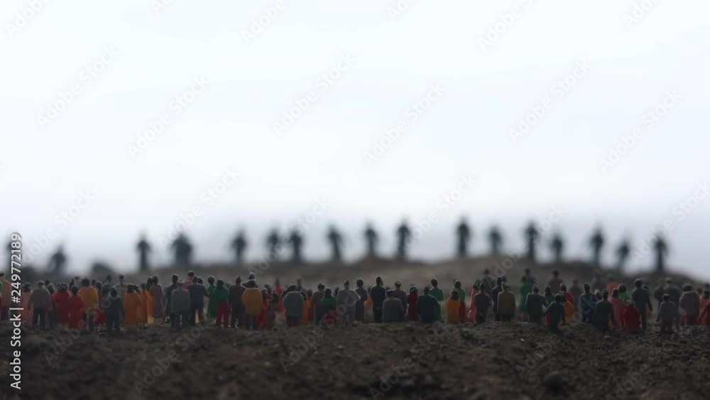 Captured by enemy concept. Military silhouettes and crowd on war fog ...