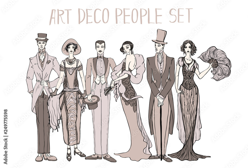 Art deco people set. Gatsby style set. Group of retro woman and man ...