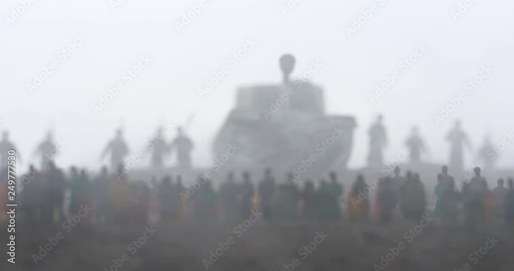 Captured by enemy concept. Military silhouettes and crowd on war fog ...