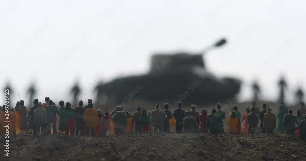 Captured by enemy concept. Military silhouettes and crowd on war fog ...