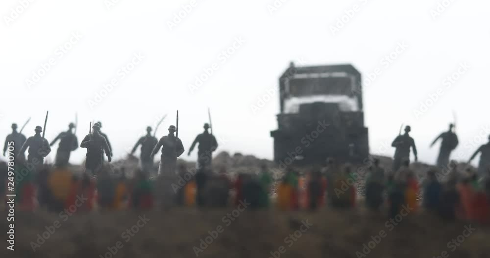 Captured by enemy concept. Military silhouettes and crowd on war fog ...