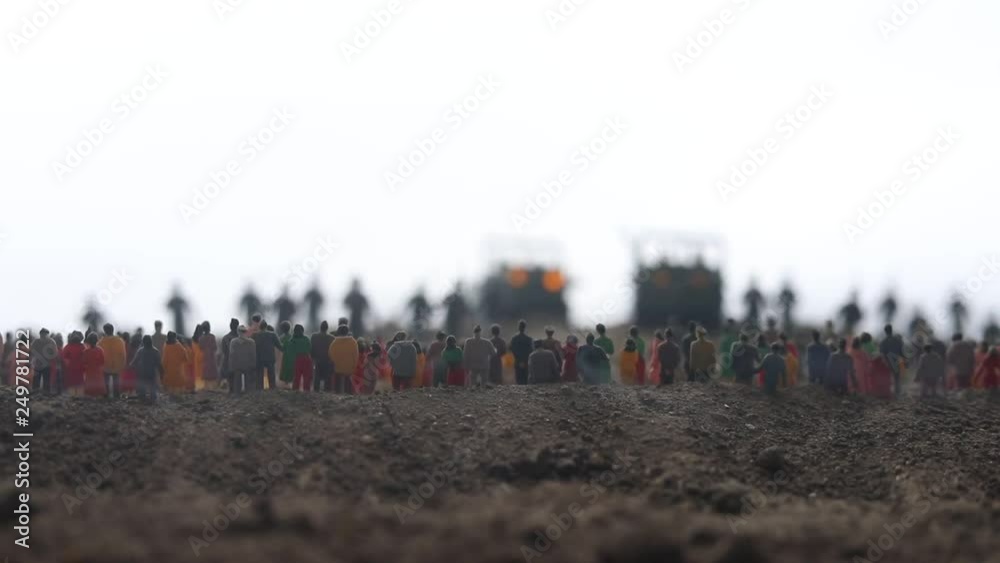 Captured by enemy concept. Military silhouettes and crowd on war fog ...