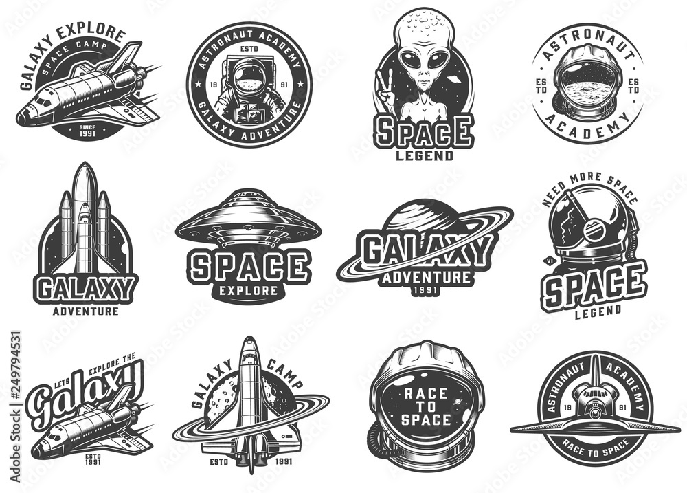 Vintage monochrome space emblems set Stock Vector | Adobe Stock