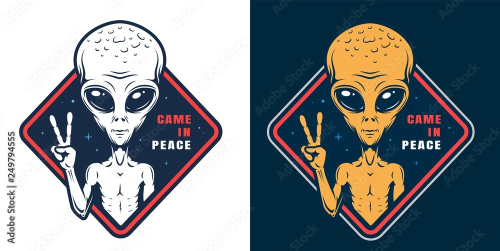 Alien showing peace sign colorful label Stock Vector | Adobe Stock