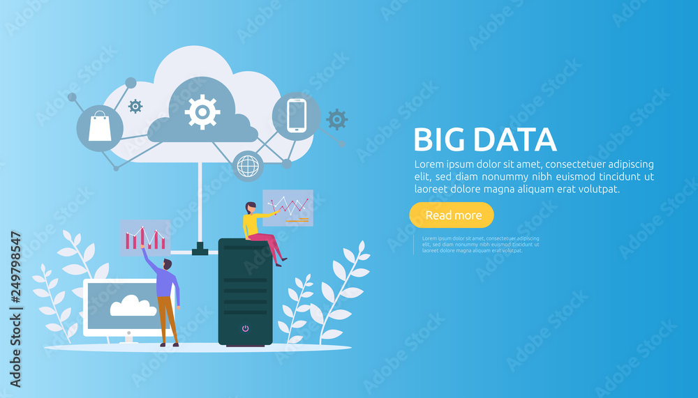 Stockvector big data and analysis processing concept landing page template. cloud database ...