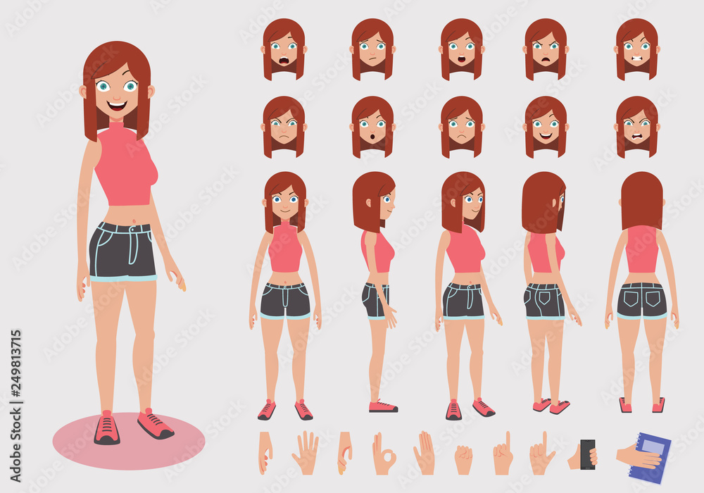 Fashion teenage girl character with various views and face emotions ...