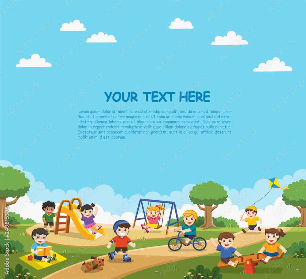 Happy excited kids having fun together on playground. . Children play ...