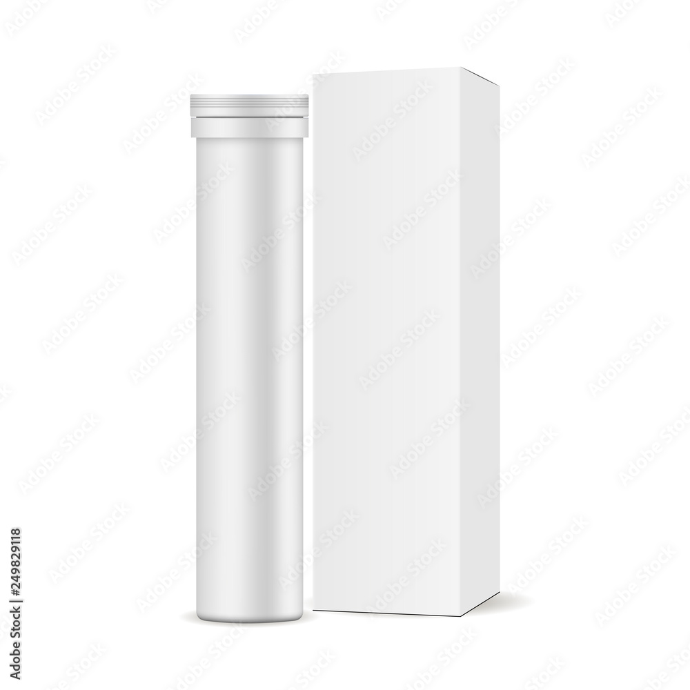 Effervescent tablets tube with paper box mockup isolated on white ...