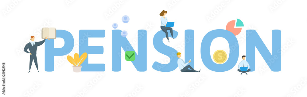 PENSION. Concept with people, letters and icons. Colored flat vector ...