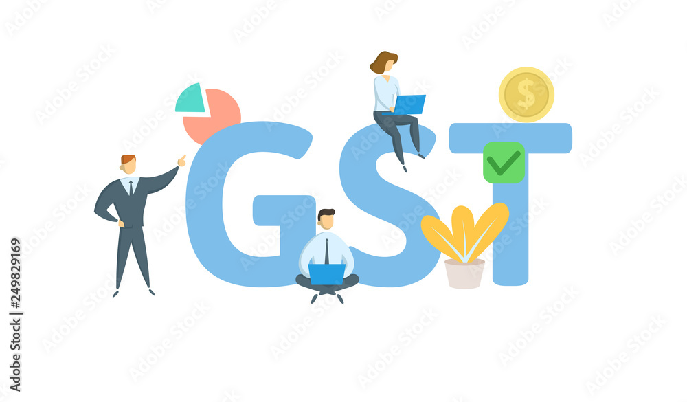 GST. Concept with people, letters and icons. Colored flat vector ...