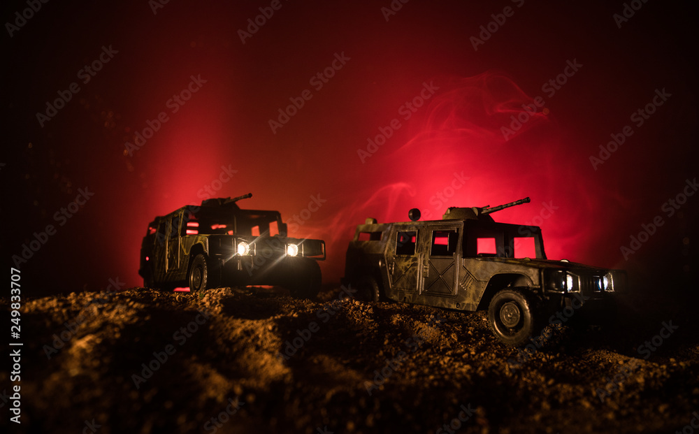 War Concept. Military silhouettes fighting scene on war fog sky ...