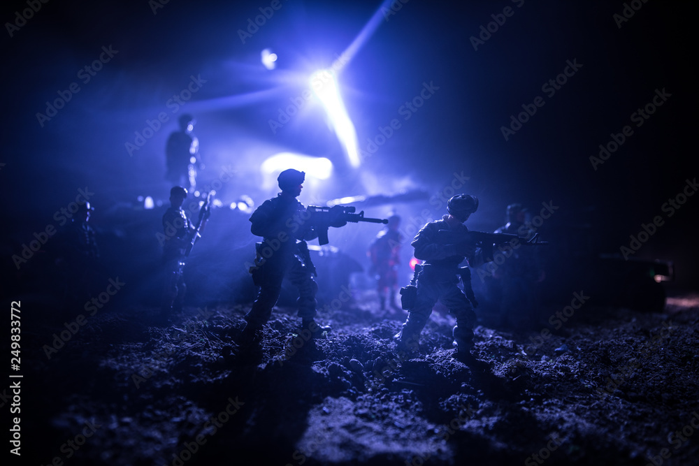 War Concept. Military silhouettes fighting scene on war fog sky ...