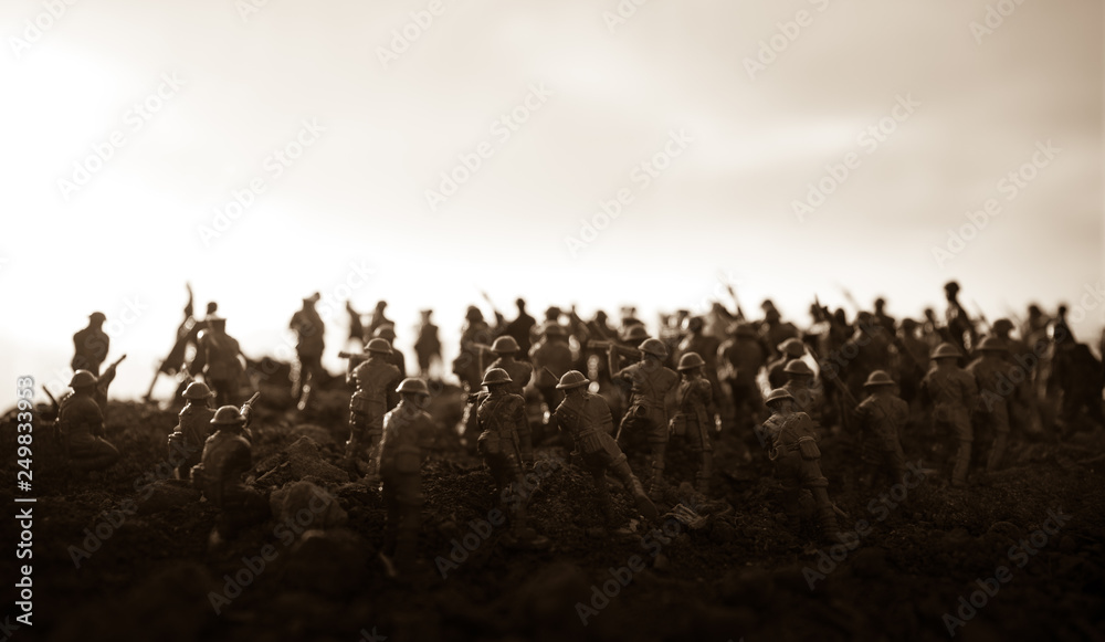 War Concept. Military silhouettes fighting scene on war fog sky ...