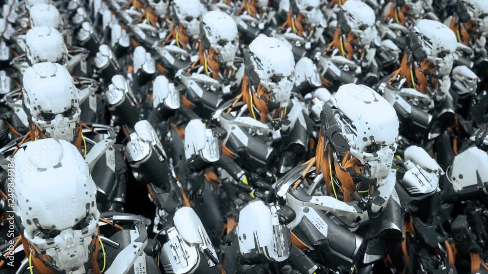 The camera flies past a squad of marching robot soldiers on a spaceship ...