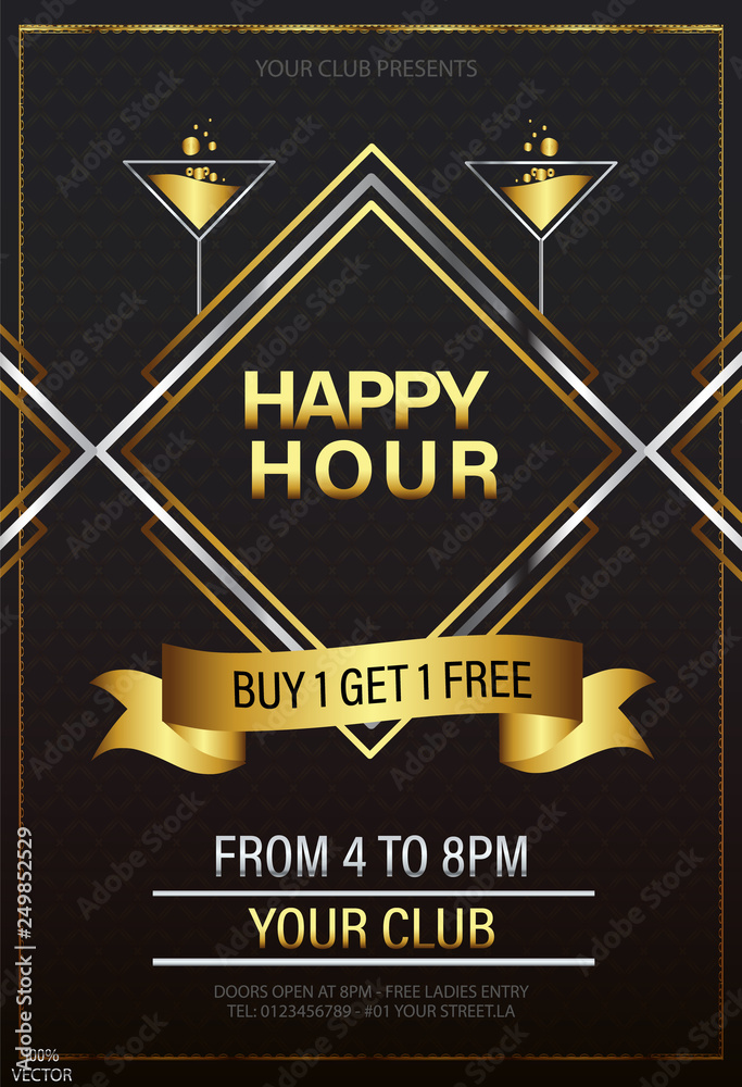 Elegant gold Happy Hours flyer, banner or template design with frame ...