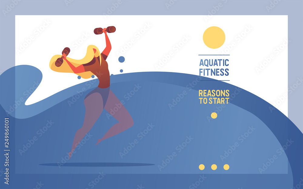 Vector horizontal flat illustration with water aerobics concept. Young ...