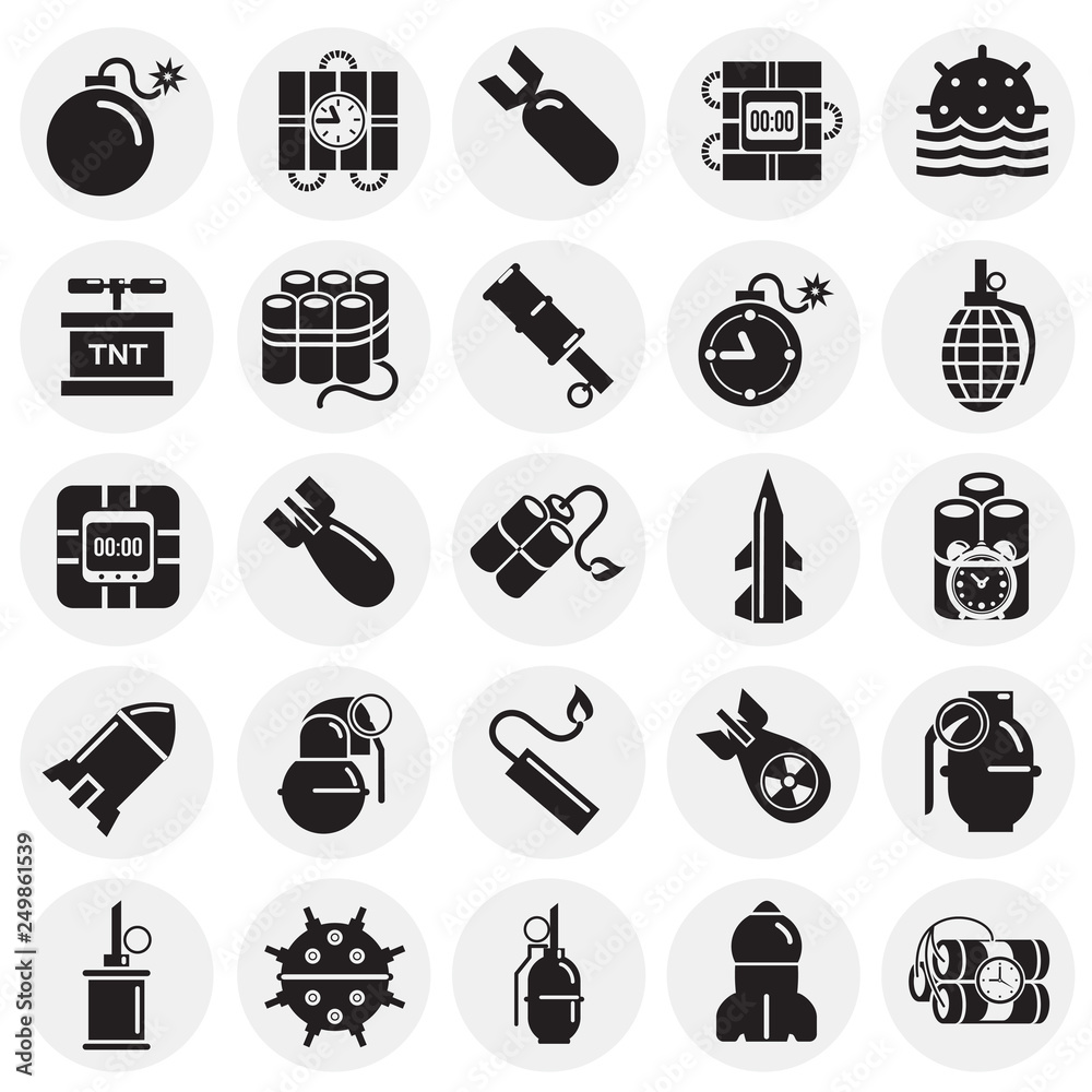 Bomb and weapon icons set on circles white background for graphic and ...
