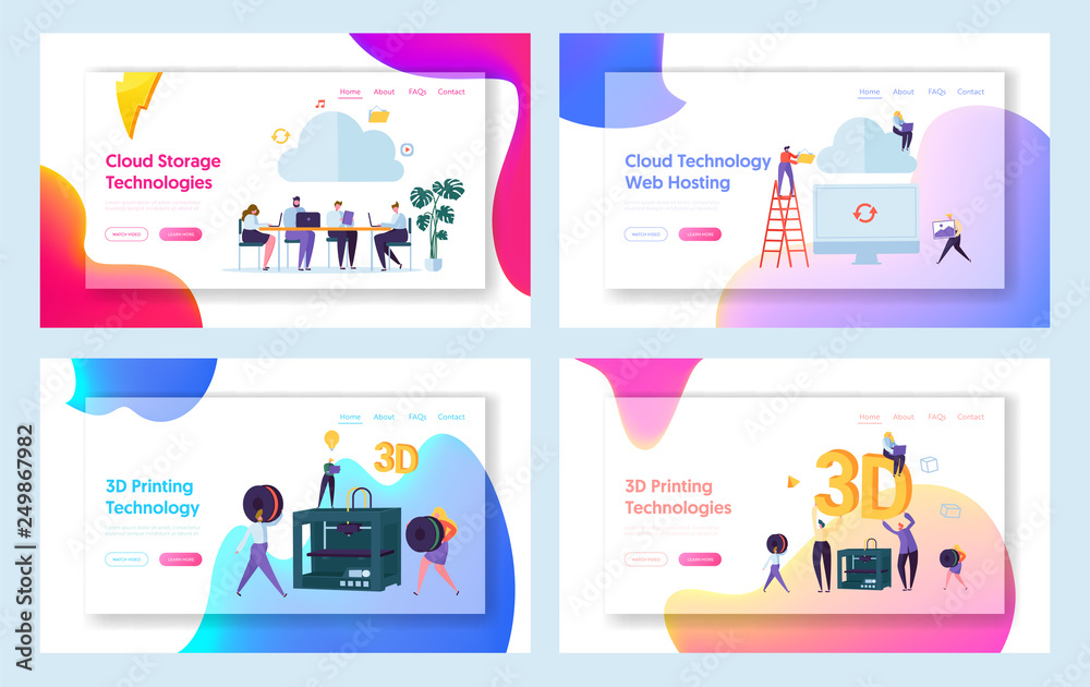 People Work in Cloud Space Landing Page. Male and Female Character Make ...