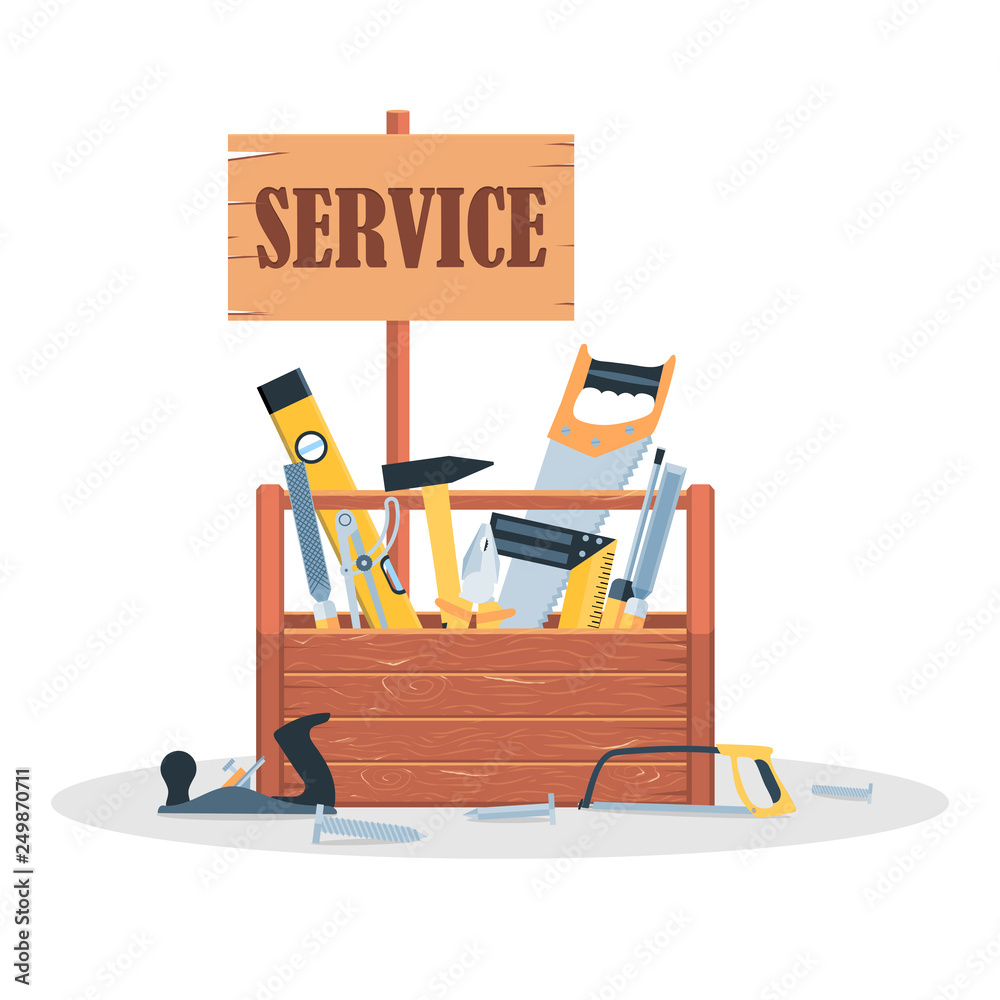 Wooden tool box, full of equipment, with service plate. Flat style ...