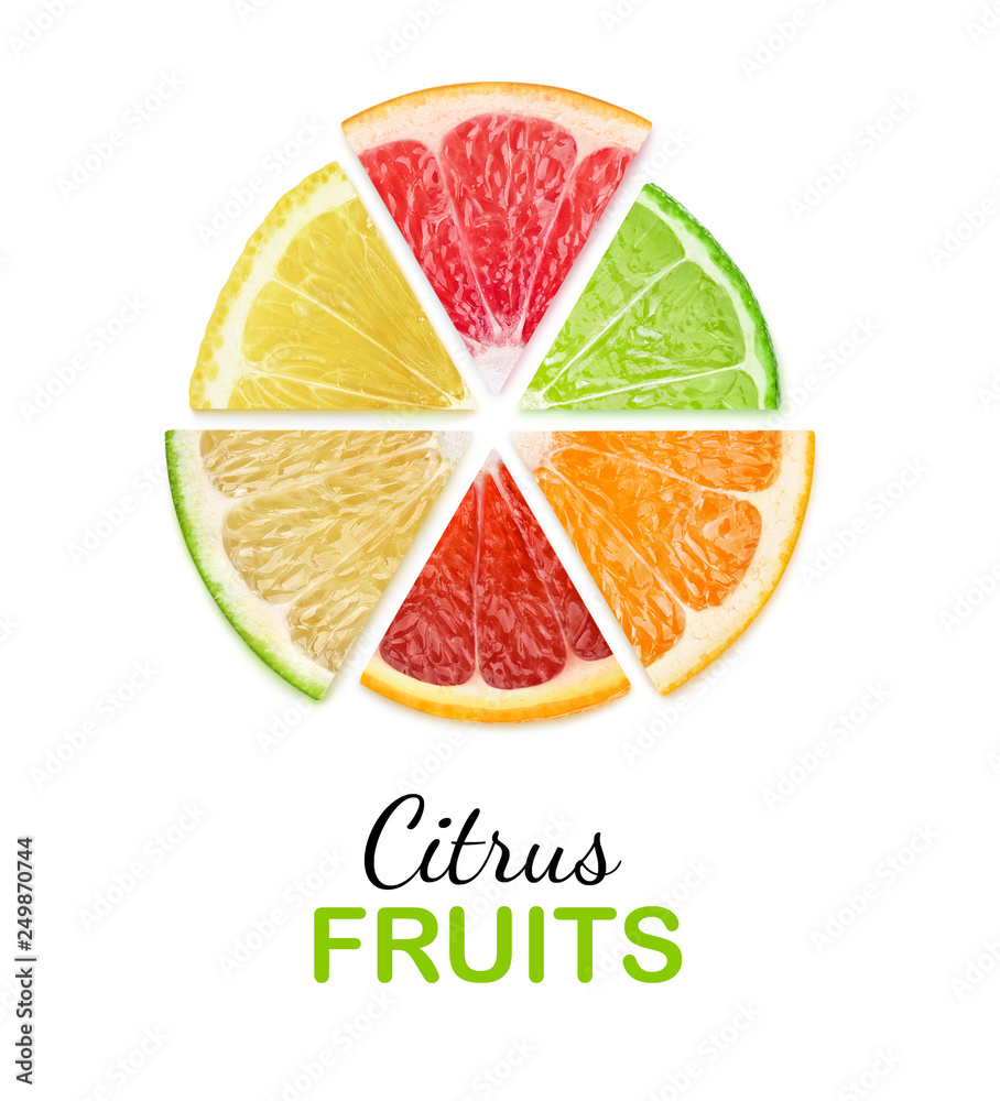 Isolated citrus pieces. Segments of orange, lime, grapefruits, lemon ...