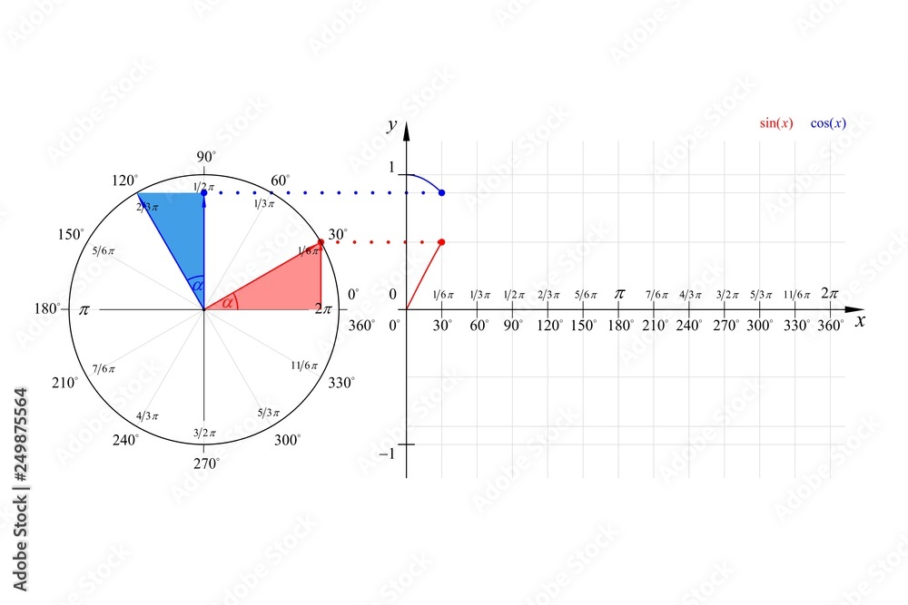 Education Series Math Sine Cosine Wave Vector Line Diagram 30° Degrees ...