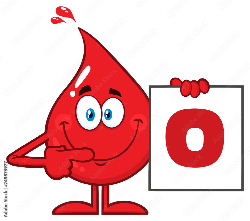 Red Blood Drop Cartoon Character Show A Board With Blood Type O. Vector ...
