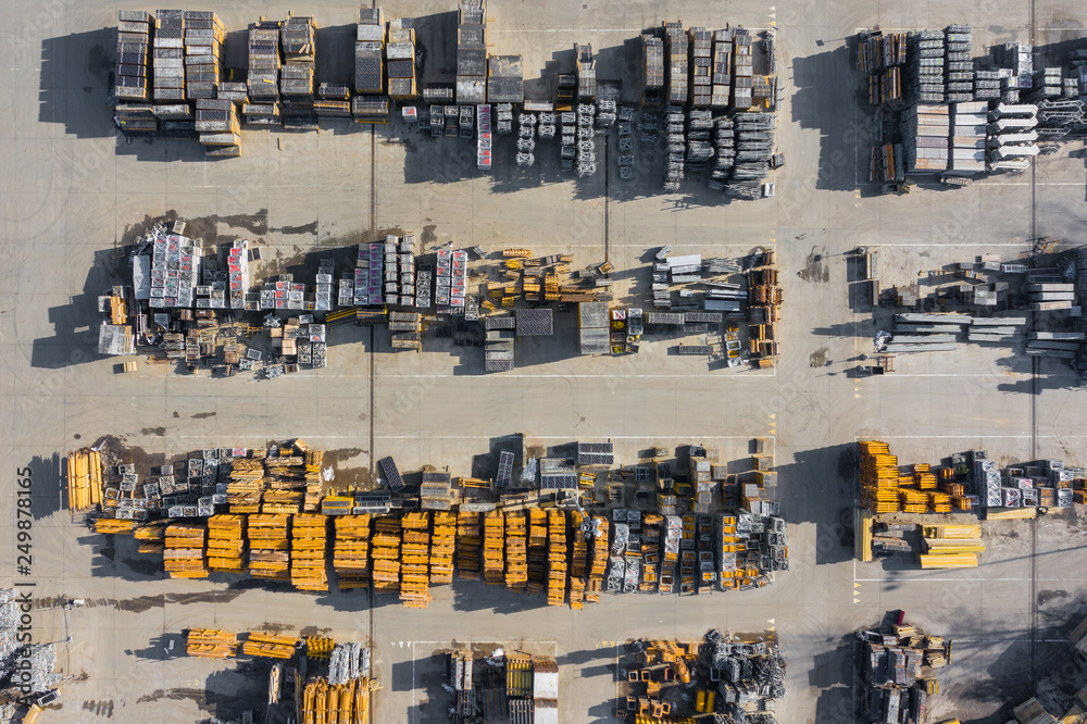 Aerial view of storage place. Construction materials in industrial city ...
